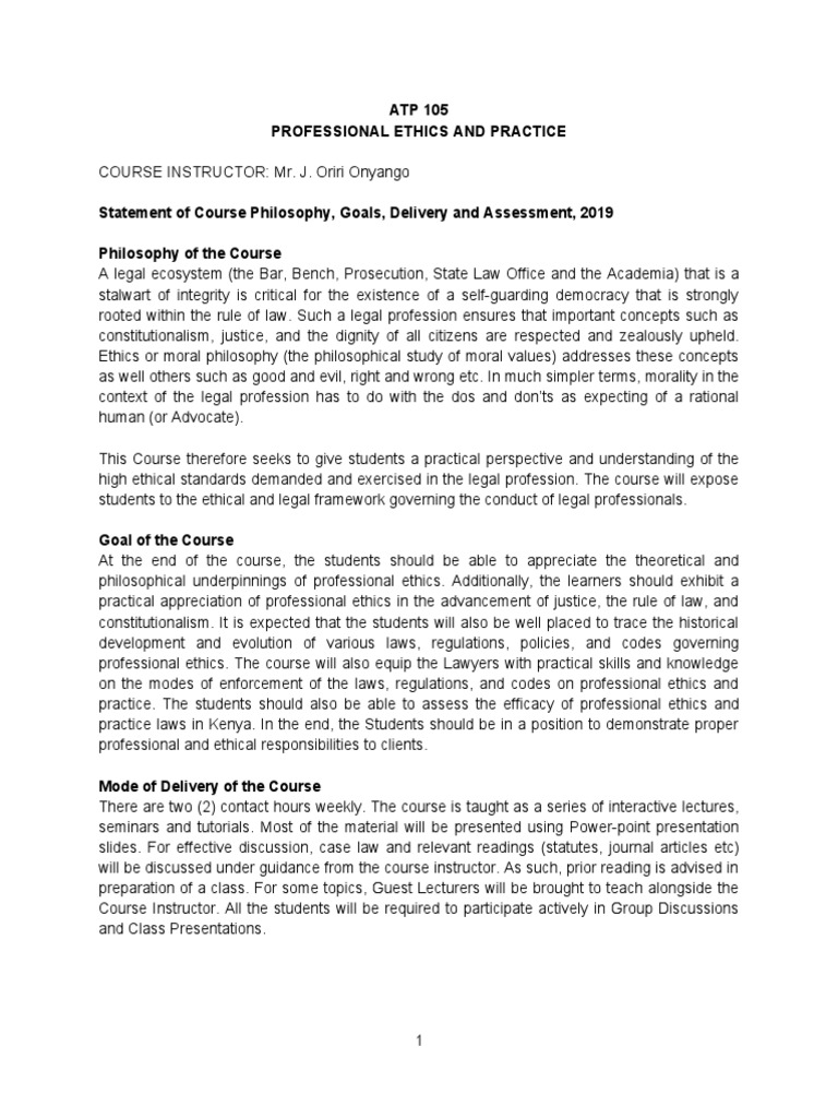 Professional Ethics 2019 Course Outline | PDF | Professional Ethics ...