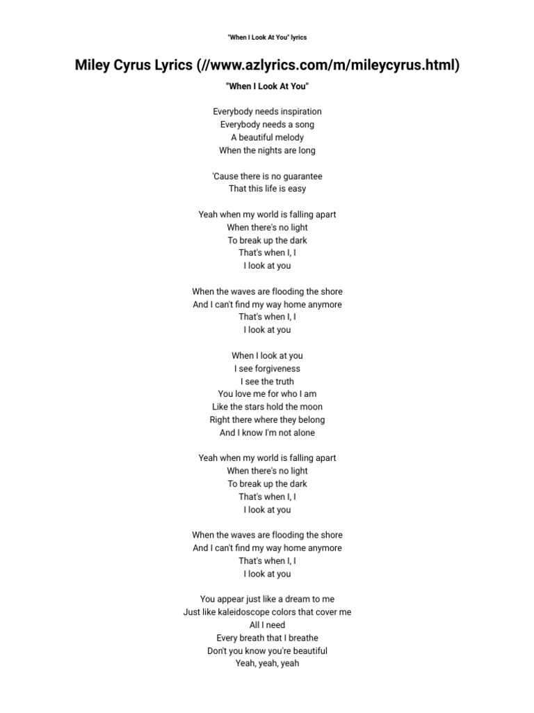 Miley Cyrus - When I Look at You Lyrics | PDF | Songs Written ...
