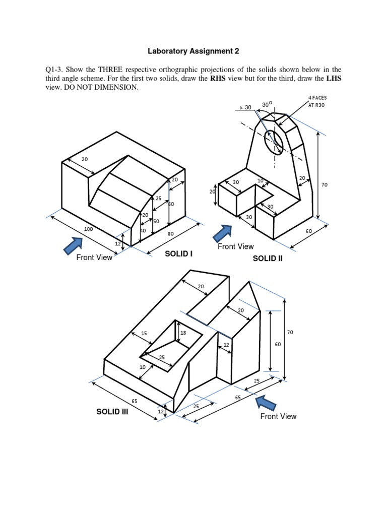 Orthographic Projections of Three Solids: Laboratory Assignment 2 | PDF