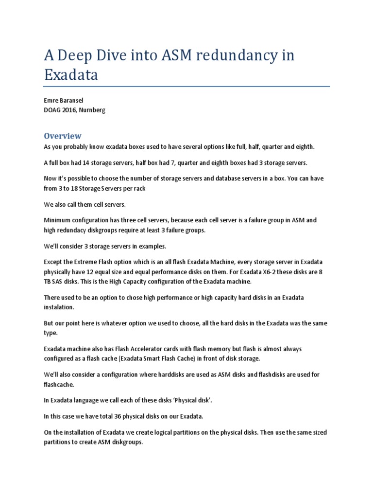 A Deep Dive Into ASM Redundancy in Exadata | PDF | Hard Disk Drive ...