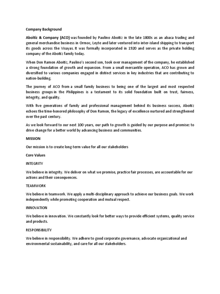 Company Background Aboitiz & Company (ACO) Was Founded by Paulino ...