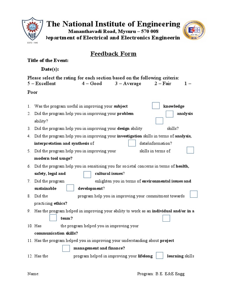 The National Institute of Engineering: Feedback Form | PDF