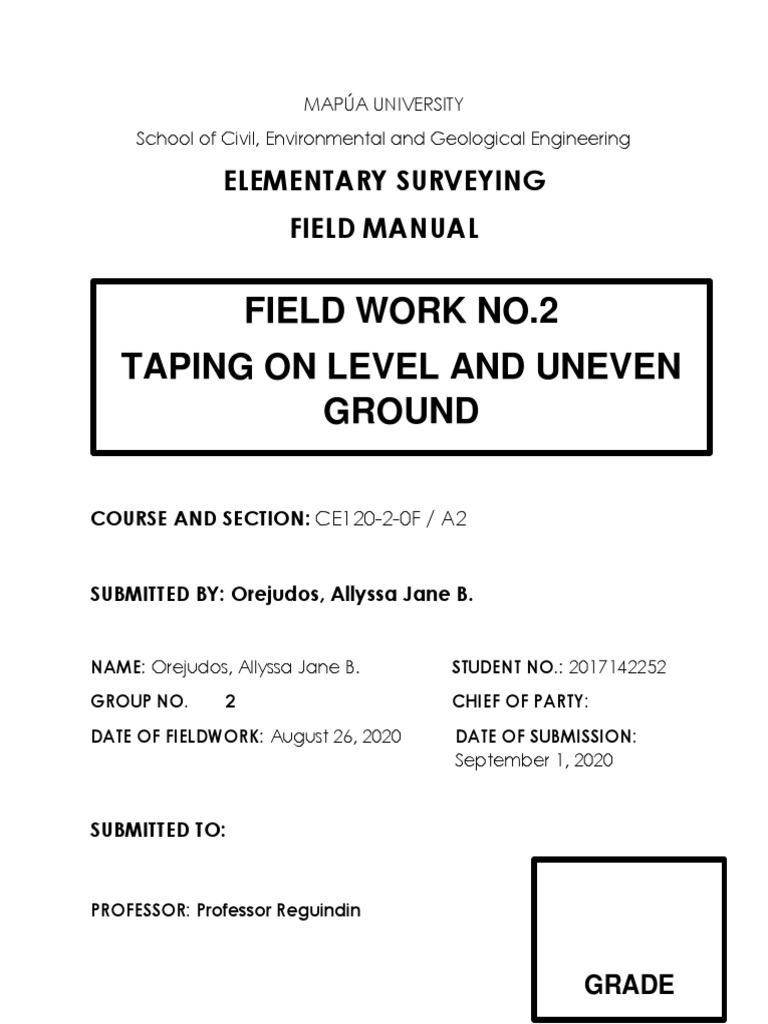 Field Work No.2 Taping On Level and Uneven Ground: Elementary Surveying Field Manual | PDF ...