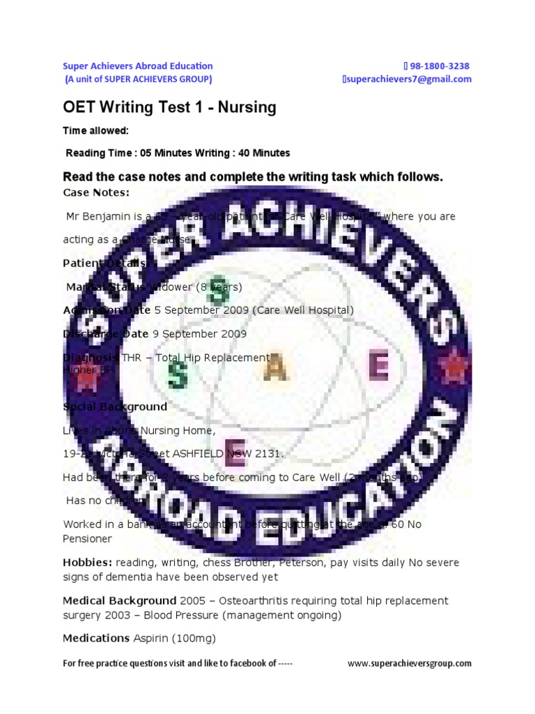 OET Writing Test 1 - Nursing: Read The Case Notes and Complete The ...