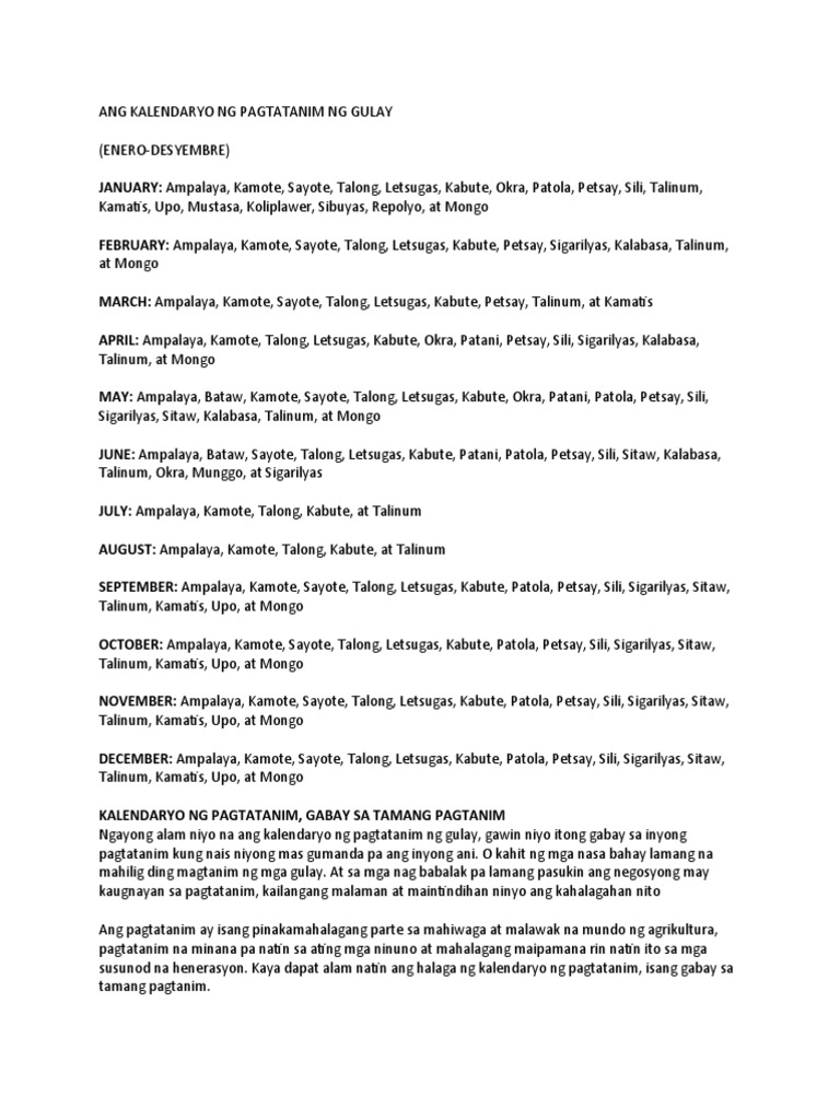 Ang Kalendaryo NG Pagtatanim NG Gulay | PDF