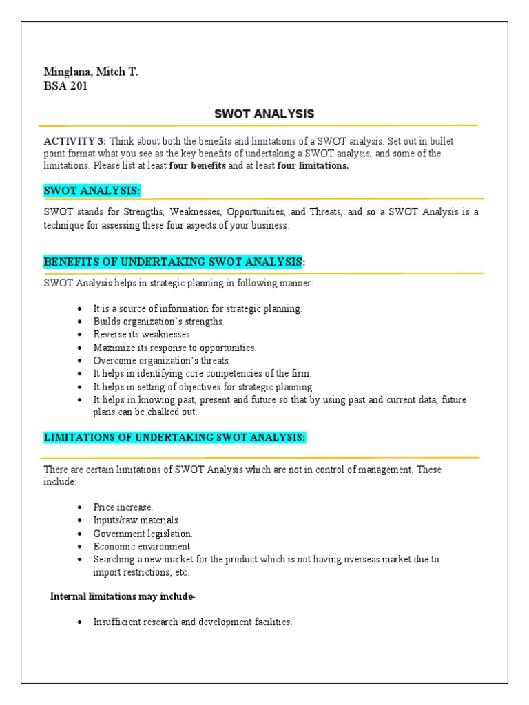 Minglana, Mitch T. BSA 201: Swot Analysis | PDF