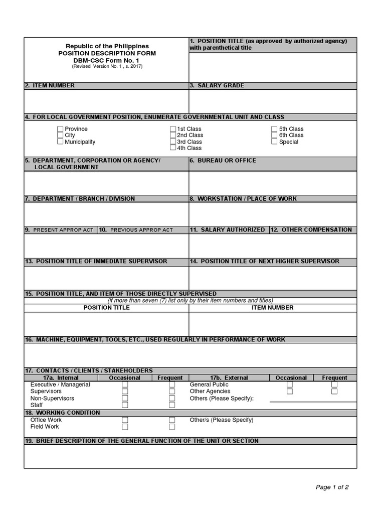 Republic of The Philippines Position Description Form DBM-CSC Form No ...