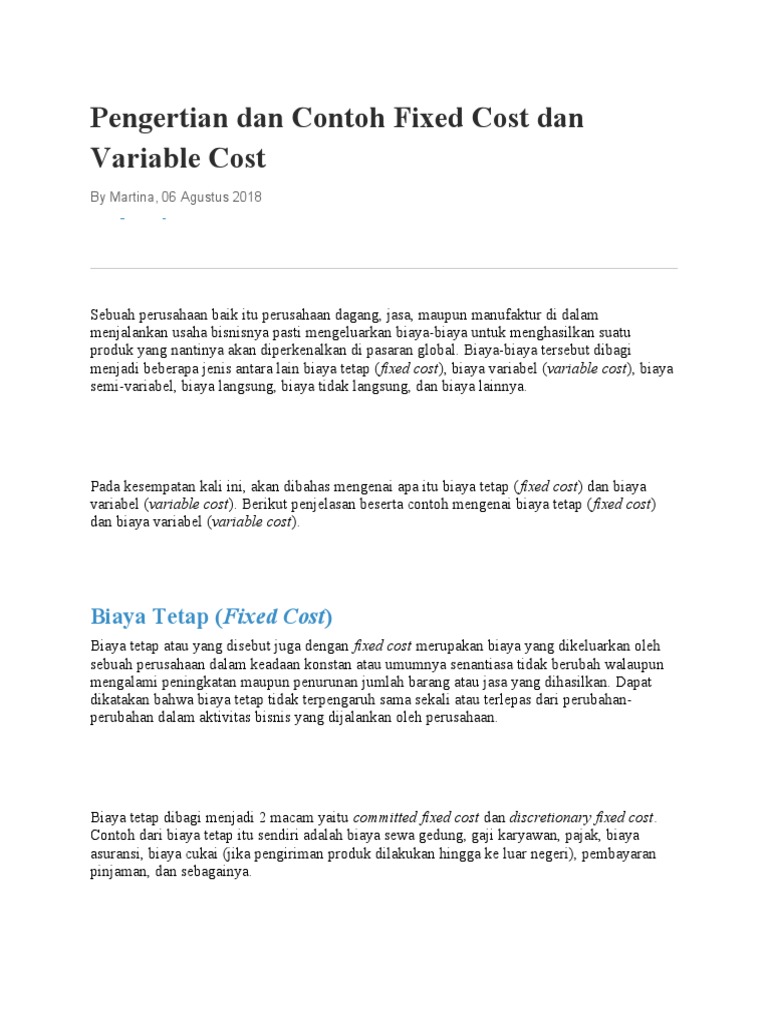 Pengertian Dan Contoh Fixed Cost Dan Variable Cost | PDF Pengertian Dan Contoh Fixed Cost Dan Variable Cost | PDF