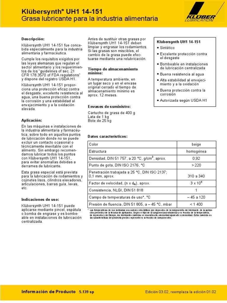 KLUBERSYNTH UH1 14 151 SP | PDF | Lubricante | Hidrocarburos
