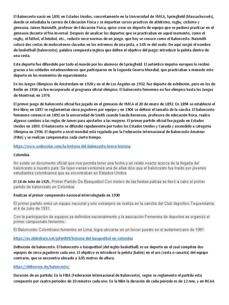 Historia del baloncesto: orígenes y evolución | PDF | Equipos | Juegos ...