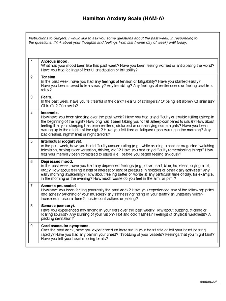 Assessing Anxiety: The Hamilton Anxiety Scale (HAM-A) | PDF | Clinical ...