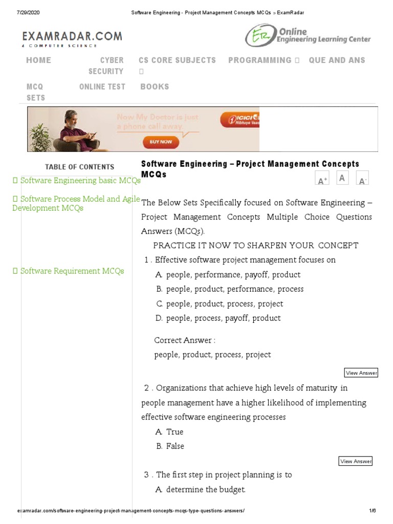 Software Engineering - Project Management Concepts MCQs ExamRadar - 1 ...