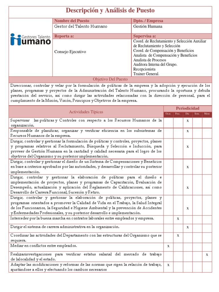 Descripcion y Analisis de Puesto Gerente de Gestión Humana DG-GH-001 ...