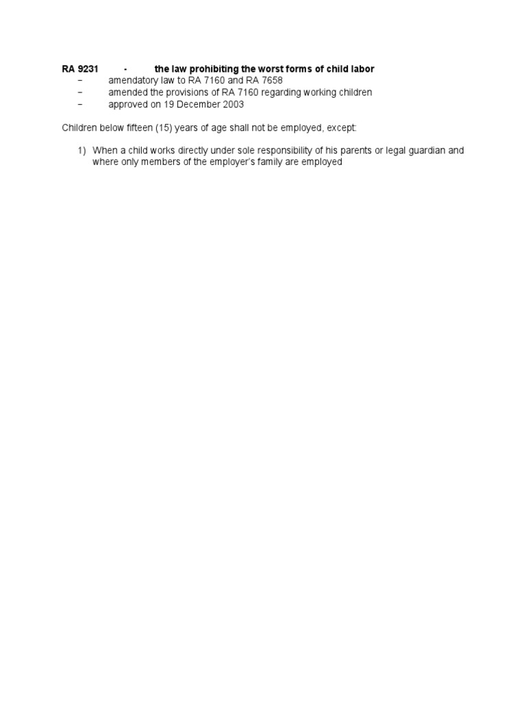 RA 9231 - The Law Prohibiting The Worst Forms of Child Labor | PDF