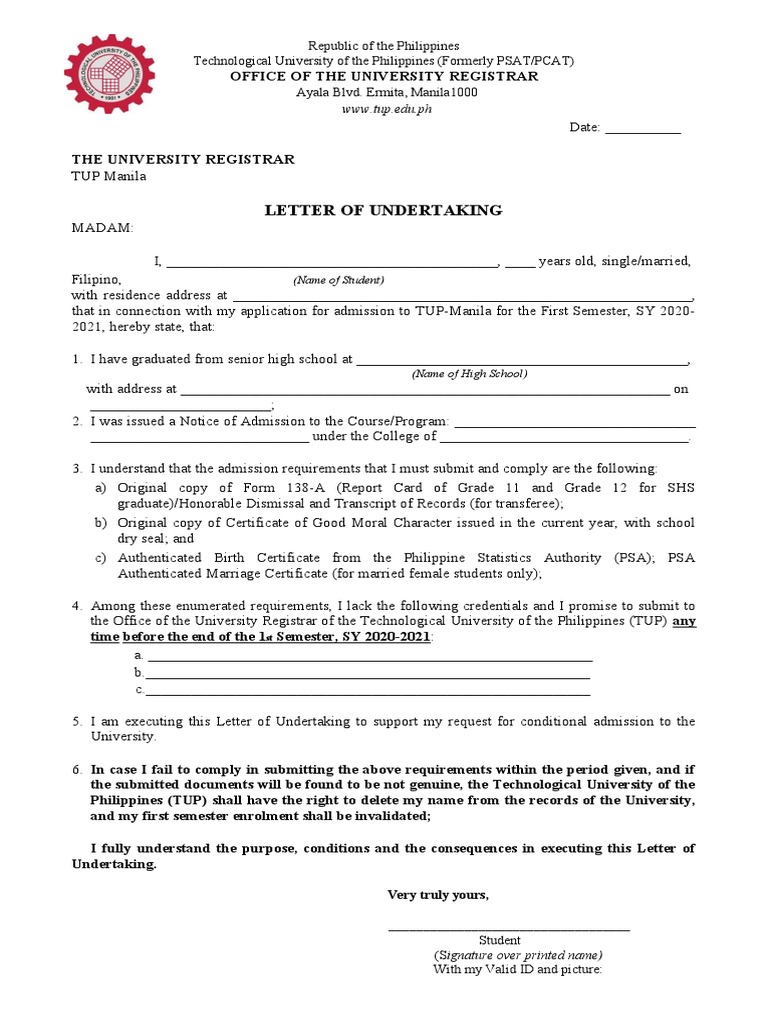 TUP-Letter-of-Undertaking v44 | PDF | Social Institutions | Social Science