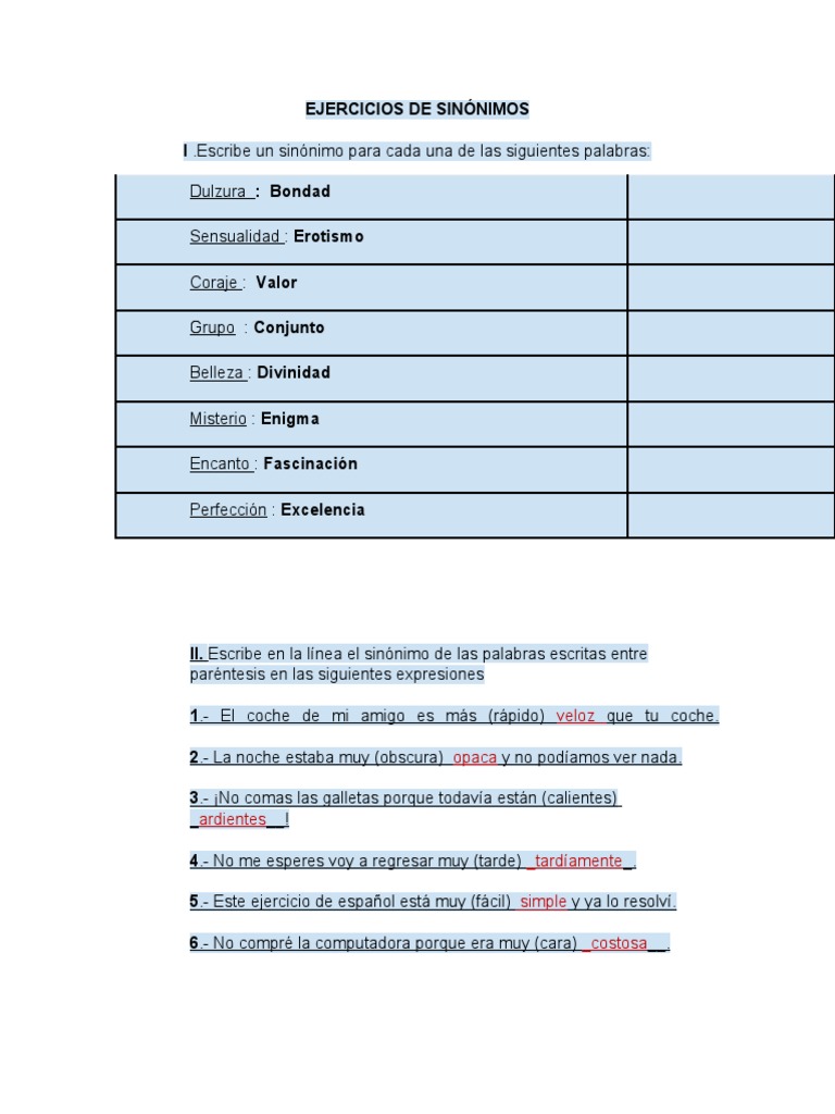 Ejercicios Prácticos de Sinónimos | PDF
