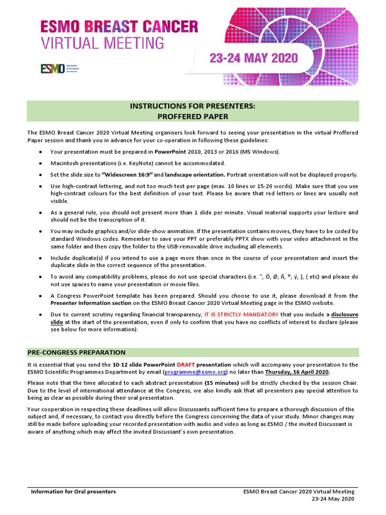 ESMO Breast Cancer 2020 Oral Presentation Instructions | PDF ...