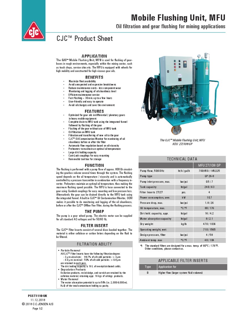 Mobile Flushing Unit, MFU: CJC™ Product Sheet | PDF | Filtration | Pump