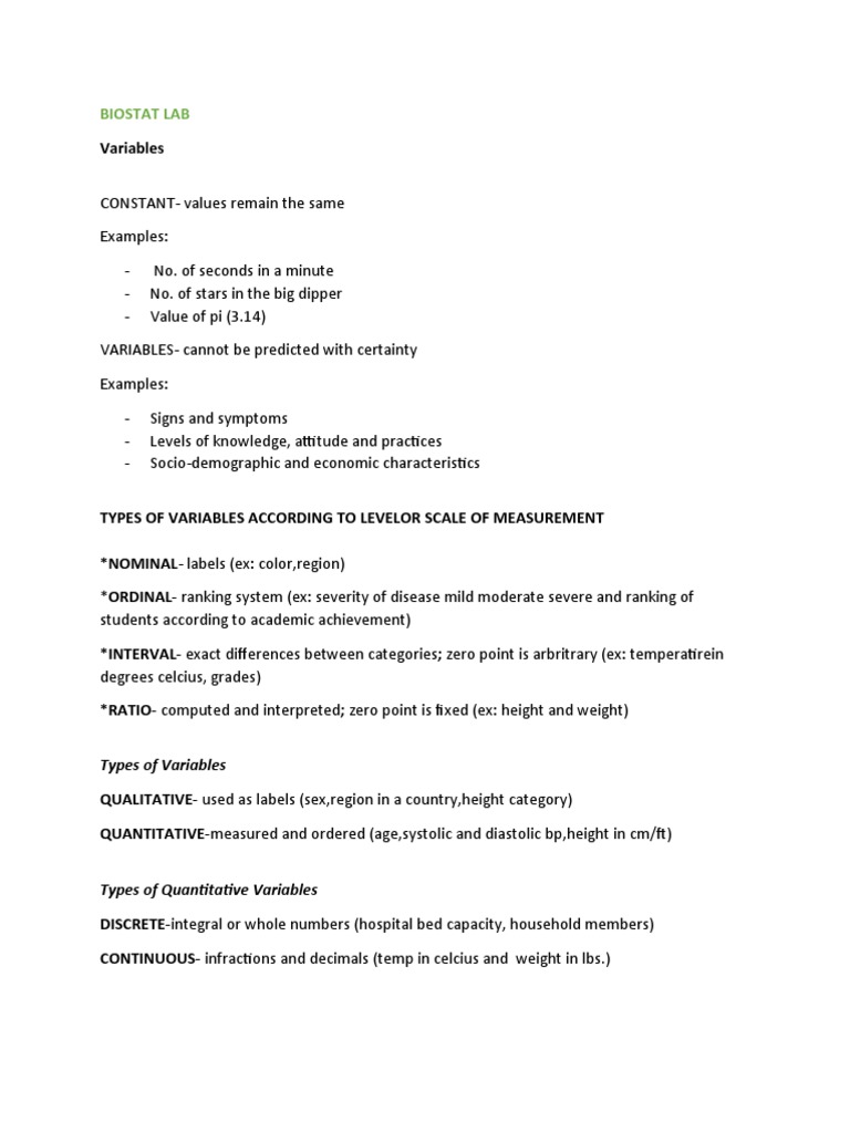 Biostat Lab: Types of Variables | PDF | Sampling (Statistics ...