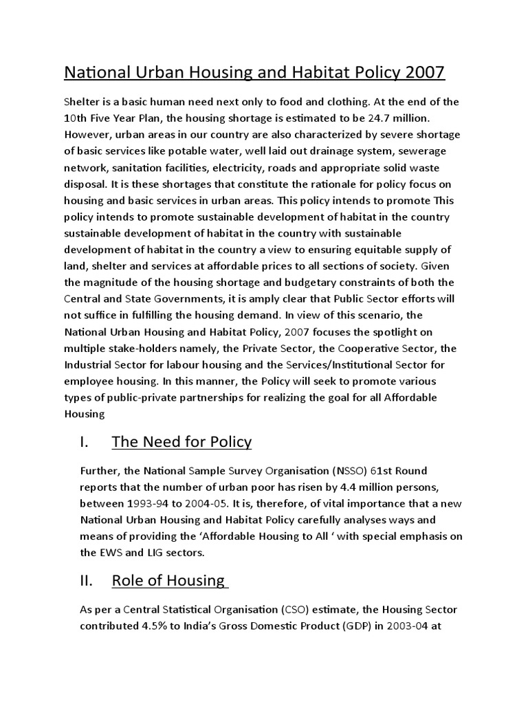 National Urban Housing and Habitat Policy 2007: I. The Need For Policy ...