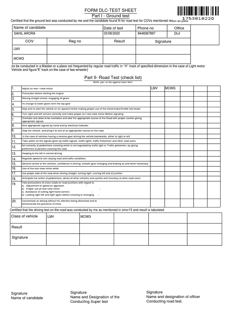 Form Dlc-Test Sheet Part I - Ground Test | PDF | Traffic | Road