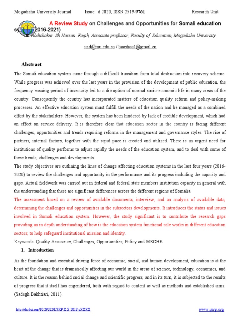 A Review Study: Somali Education System (2016-2021) | PDF | Somalia ...