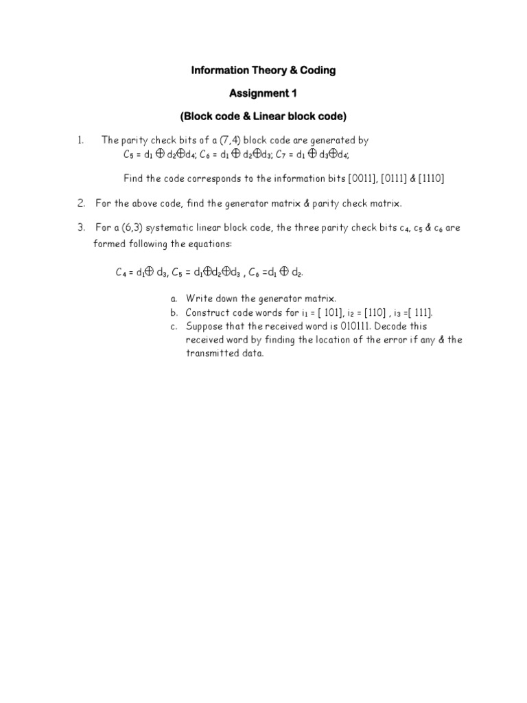 Information Theory & Coding Assignment 1 (Block Code & Linear Block Code) | PDF | Teaching ...
