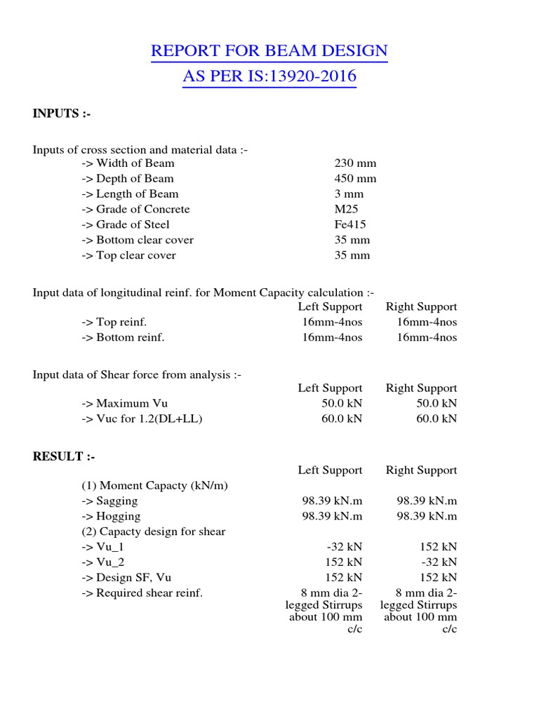 Report For Beam Design AS PER IS:13920-2016: Inputs | PDF