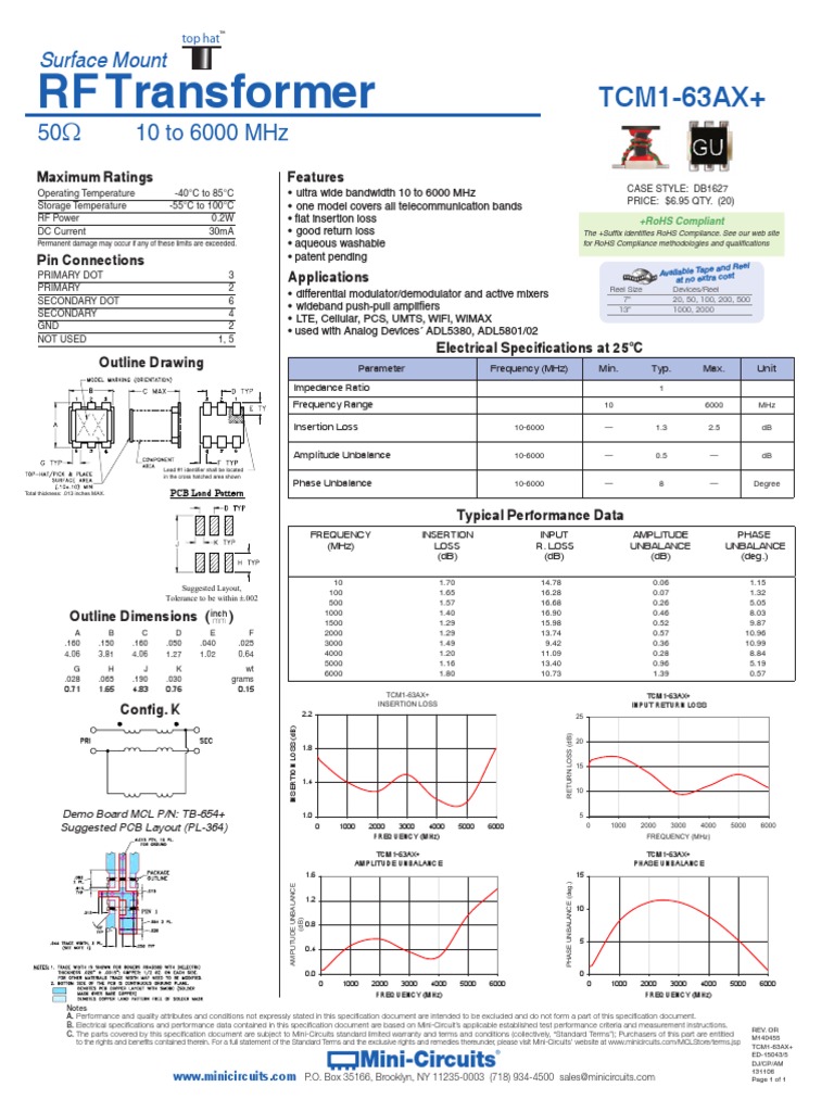 RF Transformer: TCM1-63AX+ | PDF | Bandwidth (Signal Processing ...