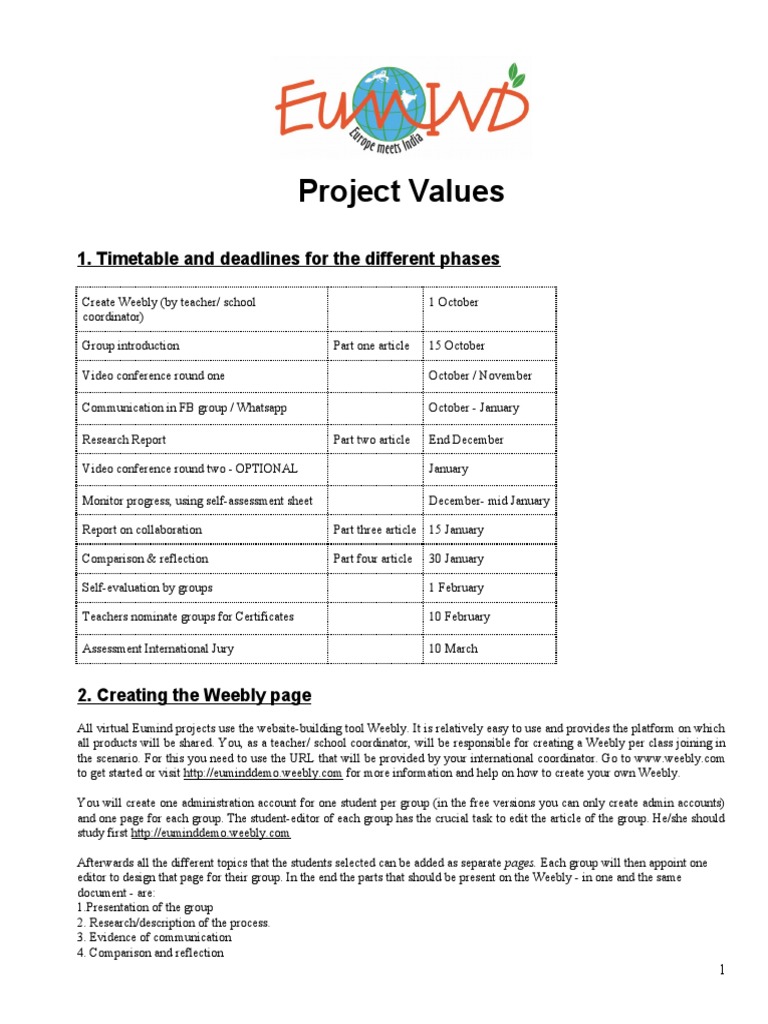 Project Values: 1. Timetable and Deadlines For The Different Phases ...