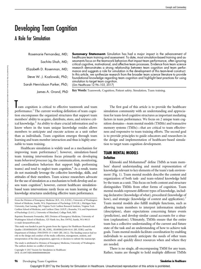Developing Team Cognition: A Role For Simulation | PDF | Simulation ...
