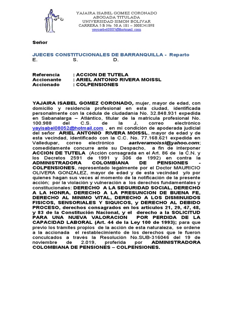 Acción de Tutela contra Colpensiones | PDF | Derecho Constitucional ...