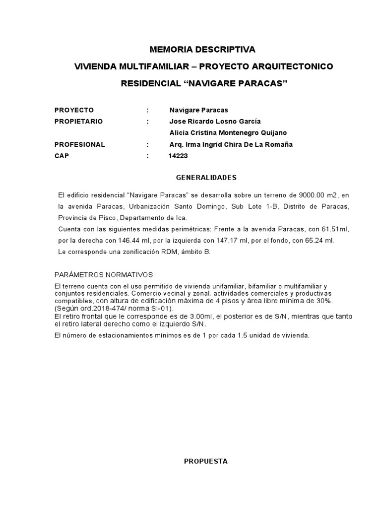 Memoria Descriptiva Arquitectura | PDF | Edificios residenciales | Tipos de casa