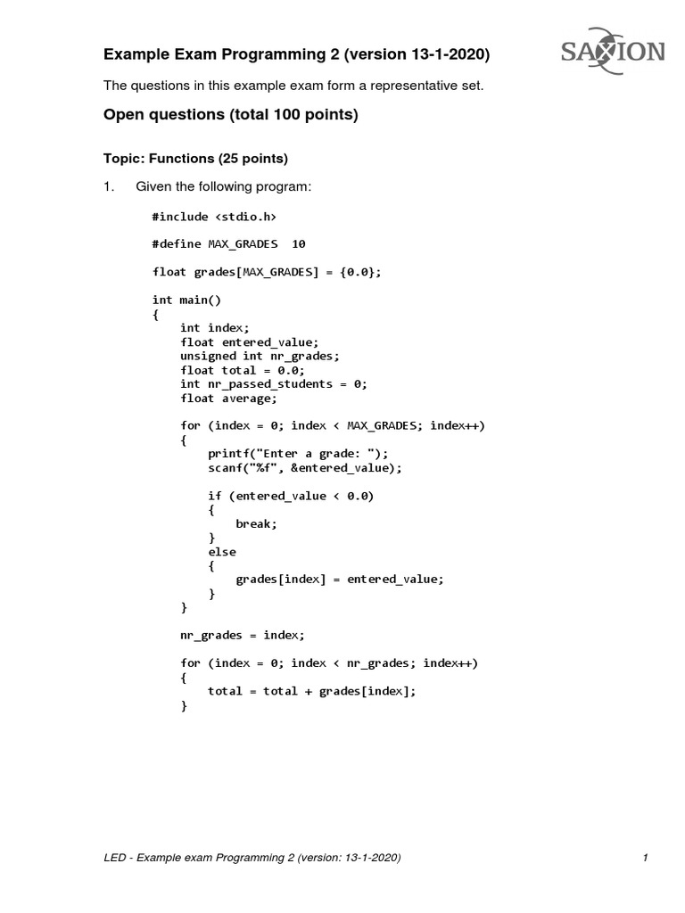 Example Exam Programming 2 (Version 13-1-2020) : Topic: Functions (25 Points) | PDF | Subroutine ...
