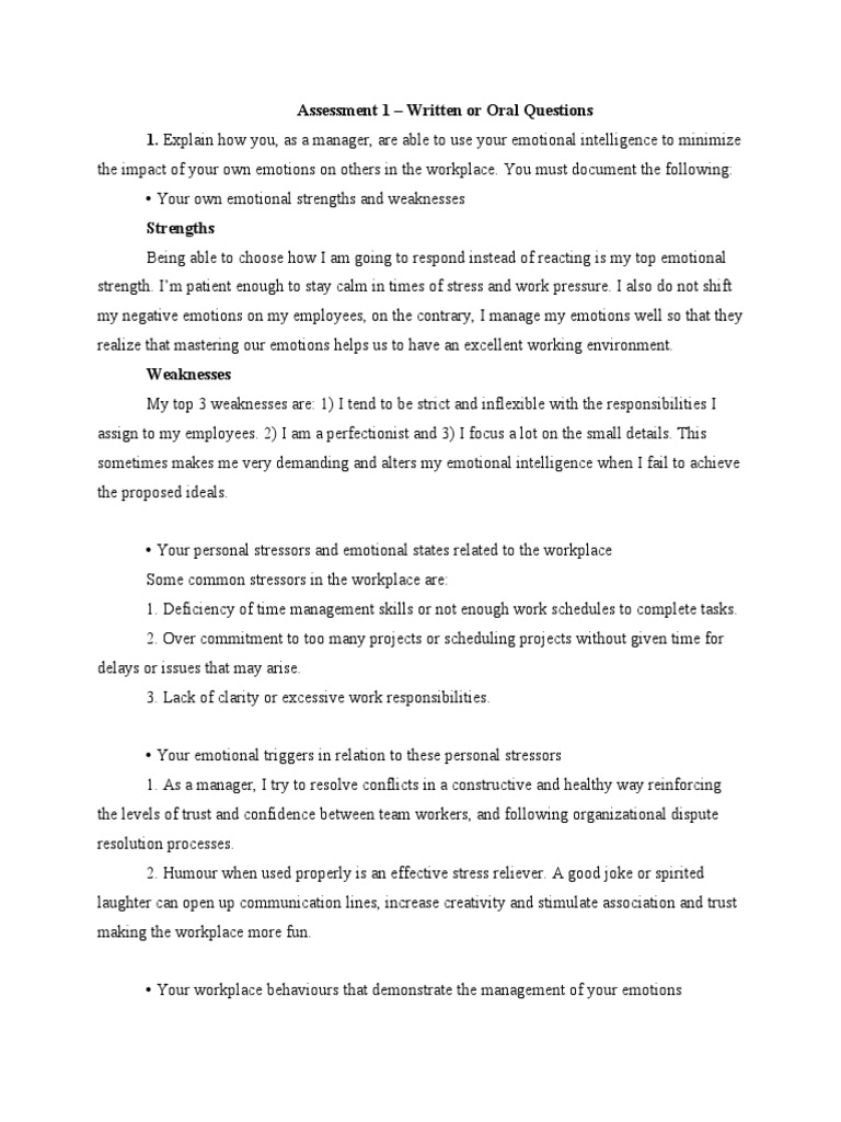 Assessment 1 - Written or Oral Questions 1. Explain How You, As A ...