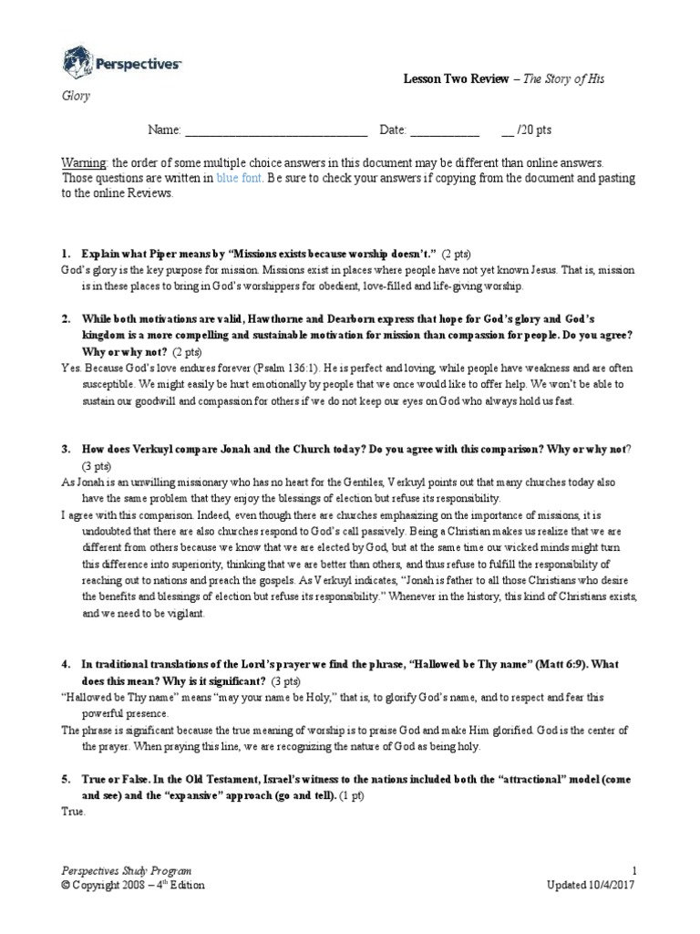 Perspectives Lesson 02 Review | PDF | Lord's Prayer | God