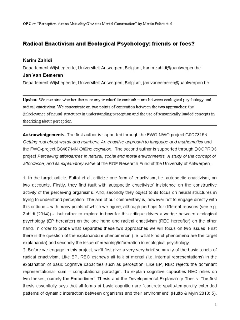Radical Enactivism and Ecological Psychology: Friends or Foes? | PDF ...