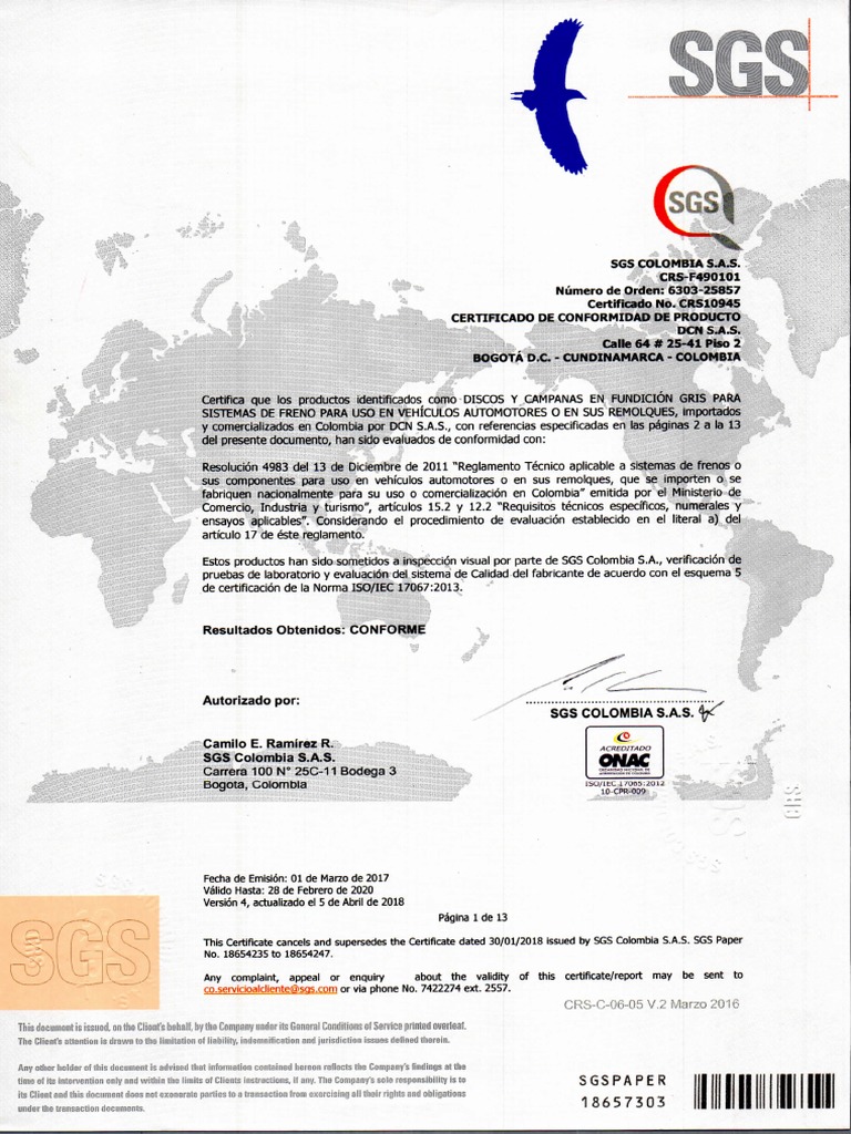 Certificado de Conformidad Producto SGS CRSS F490101 PDF | PDF | Empresas de servicios ...