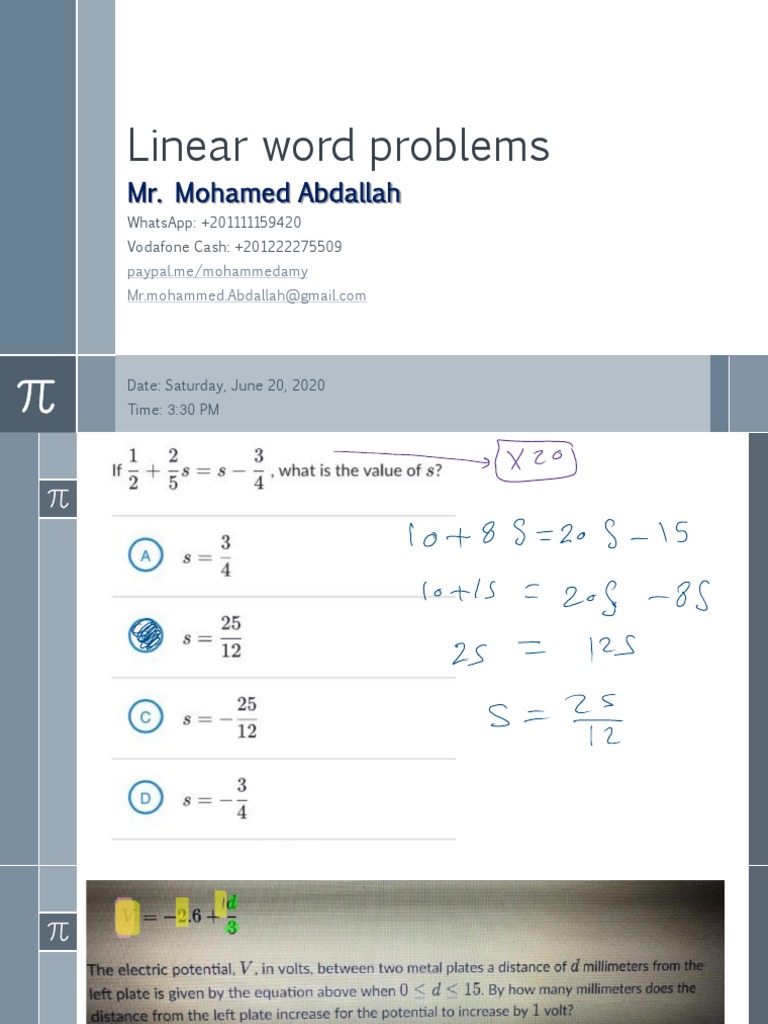 Linear Word Problems: Mr. Mohamed Abdallah | PDF