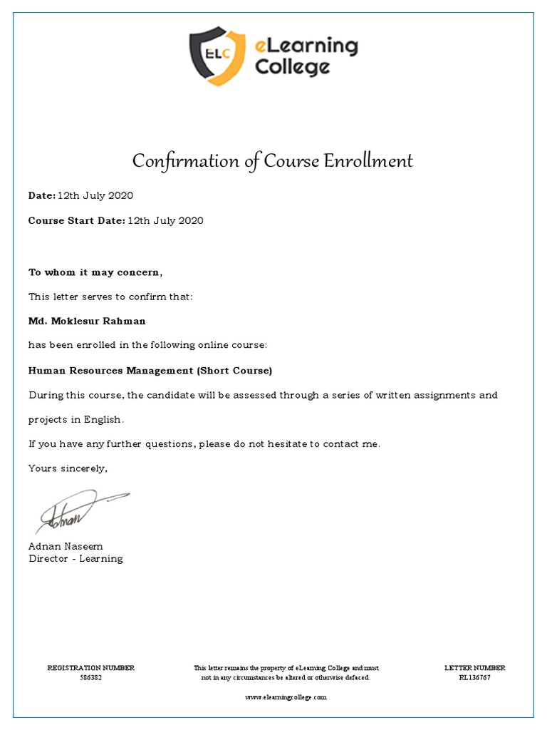 Confirmation of Course Enrollment: Date: 12th July 2020 Course Start ...