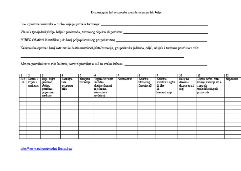 Evidencijski List o Uporabi Sredstava Za Zaštitu Bilja | PDF