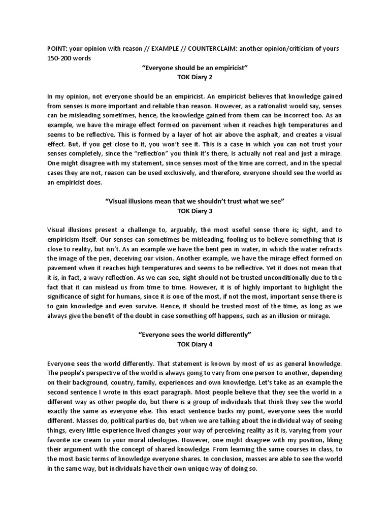 TOK Diaries - Sense Perception | PDF | Empiricism | Illusion