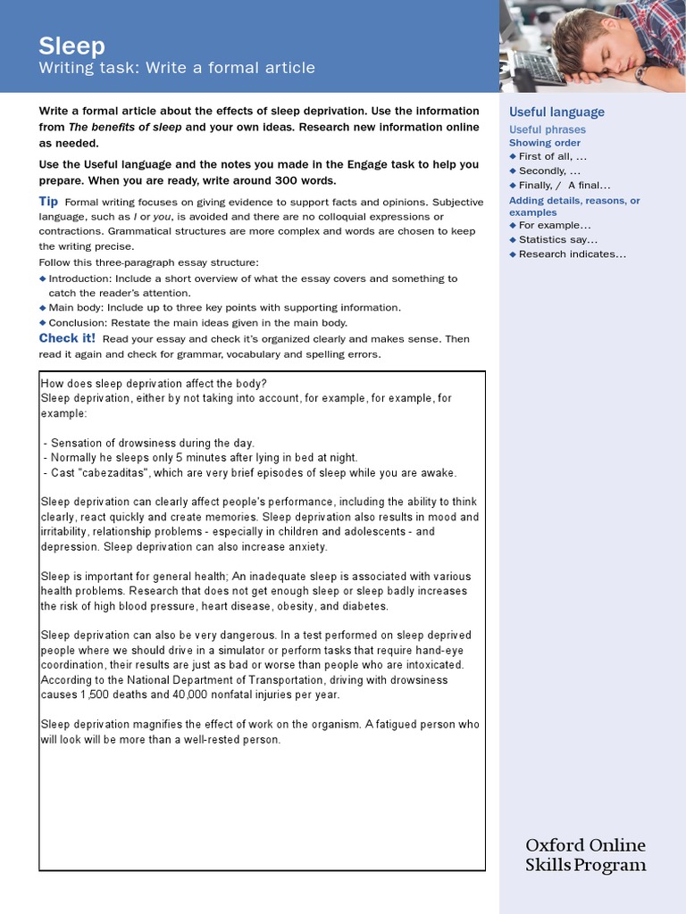Sleep: Writing Task: Write A Formal Article | PDF | Sleep Deprivation ...