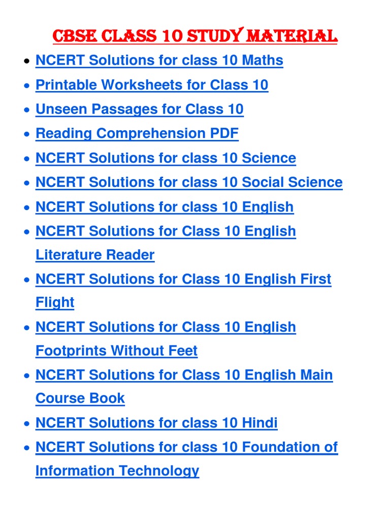 CBSE Class 10 Study Material Guide | PDF | Multiple Choice | Equations