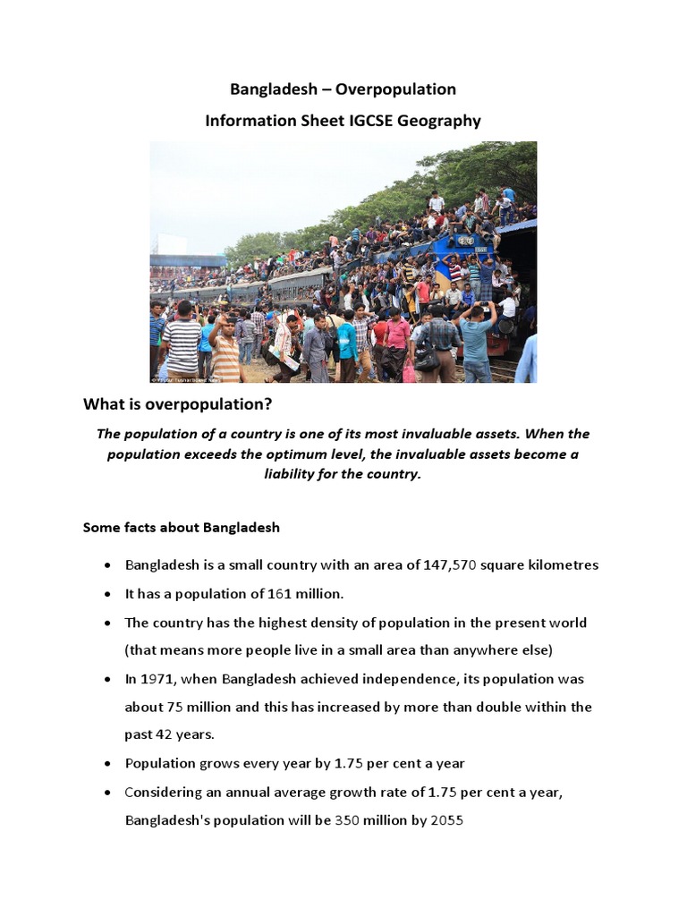 Bangladesh - Overpopulation Information Sheet IGCSE Geography | PDF