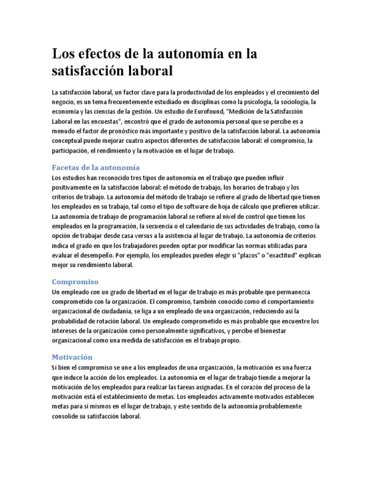 Autonomía y satisfacción laboral | PDF | Satisfacción laboral | Motivación