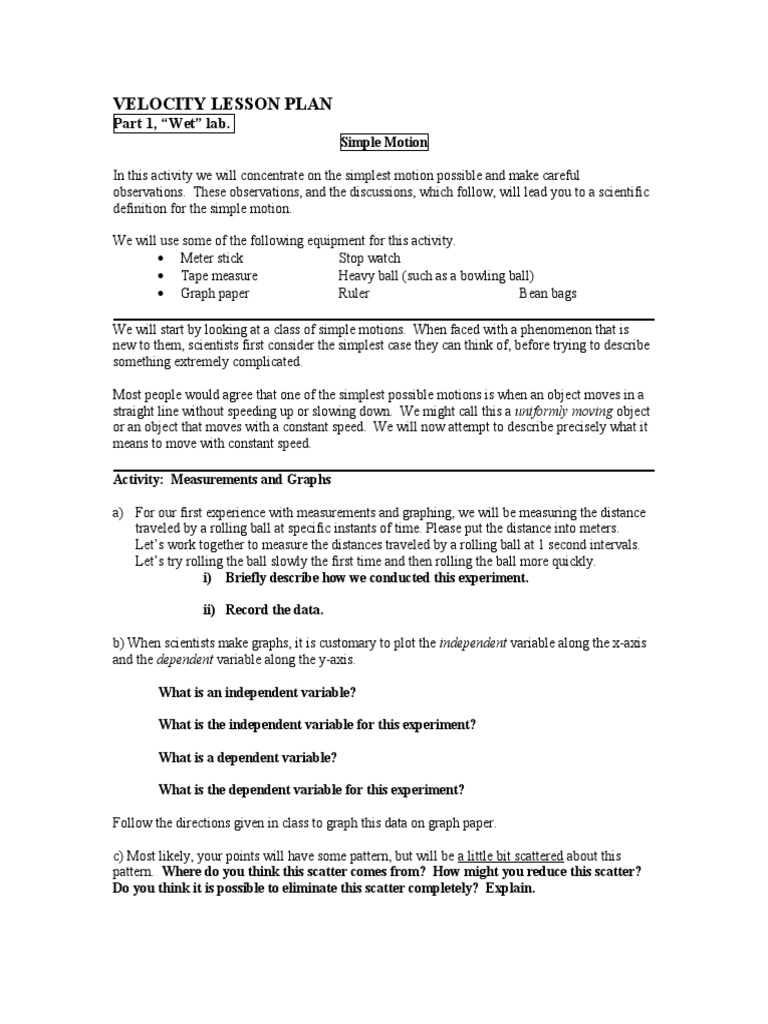 Simple Motion and Velocity Lab Activities | PDF