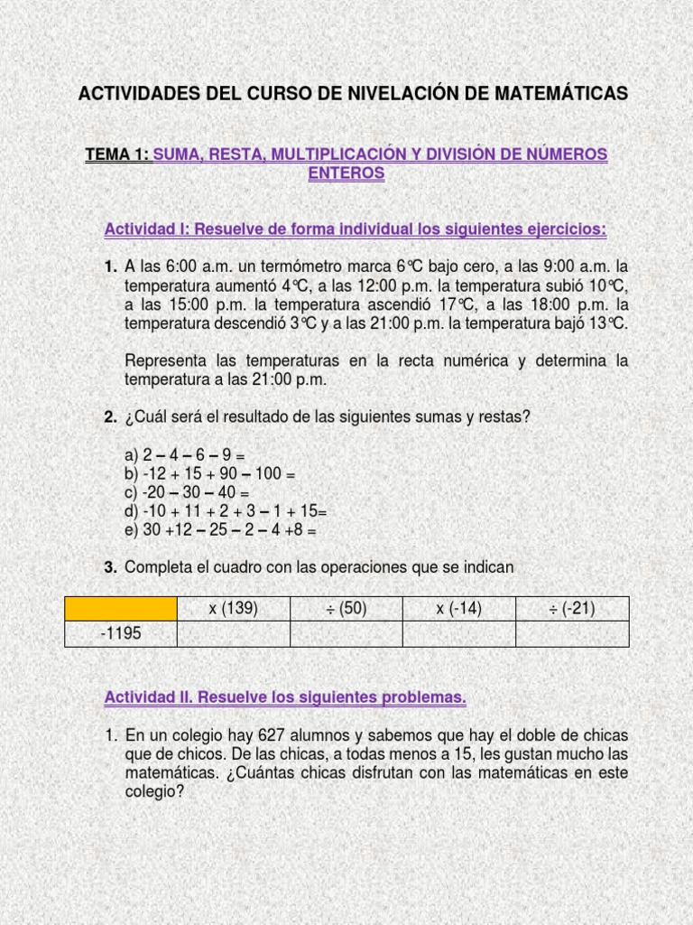 Actividades Del Curso De Nivelación De Matemáticas Pdf Pdf Fracción