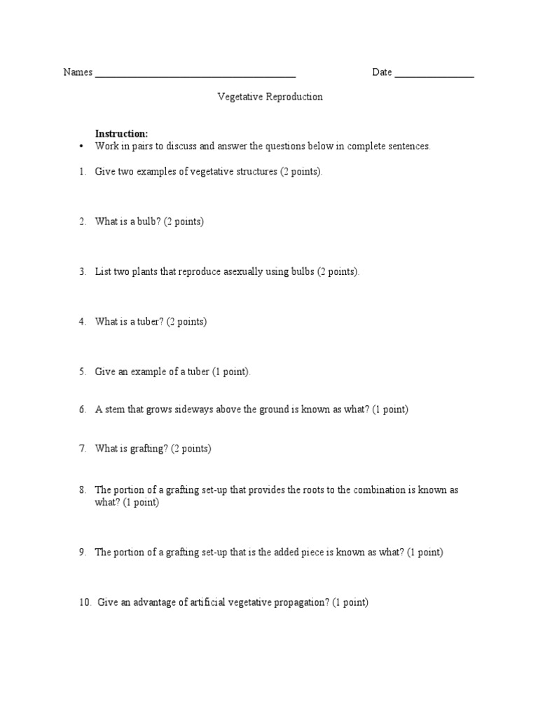 Vegetative Propagation Worksheet | PDF