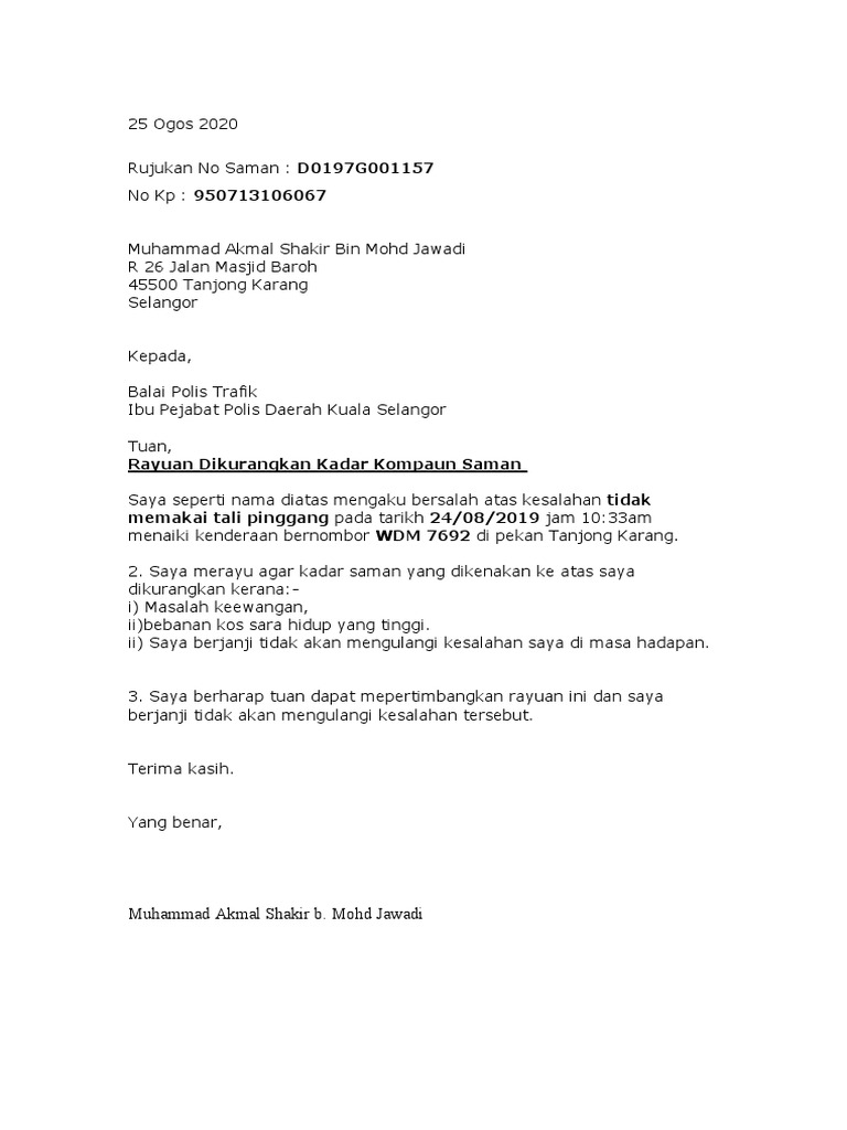 Format Surat Rasmi Kurangkan Kadar Saman | PDF